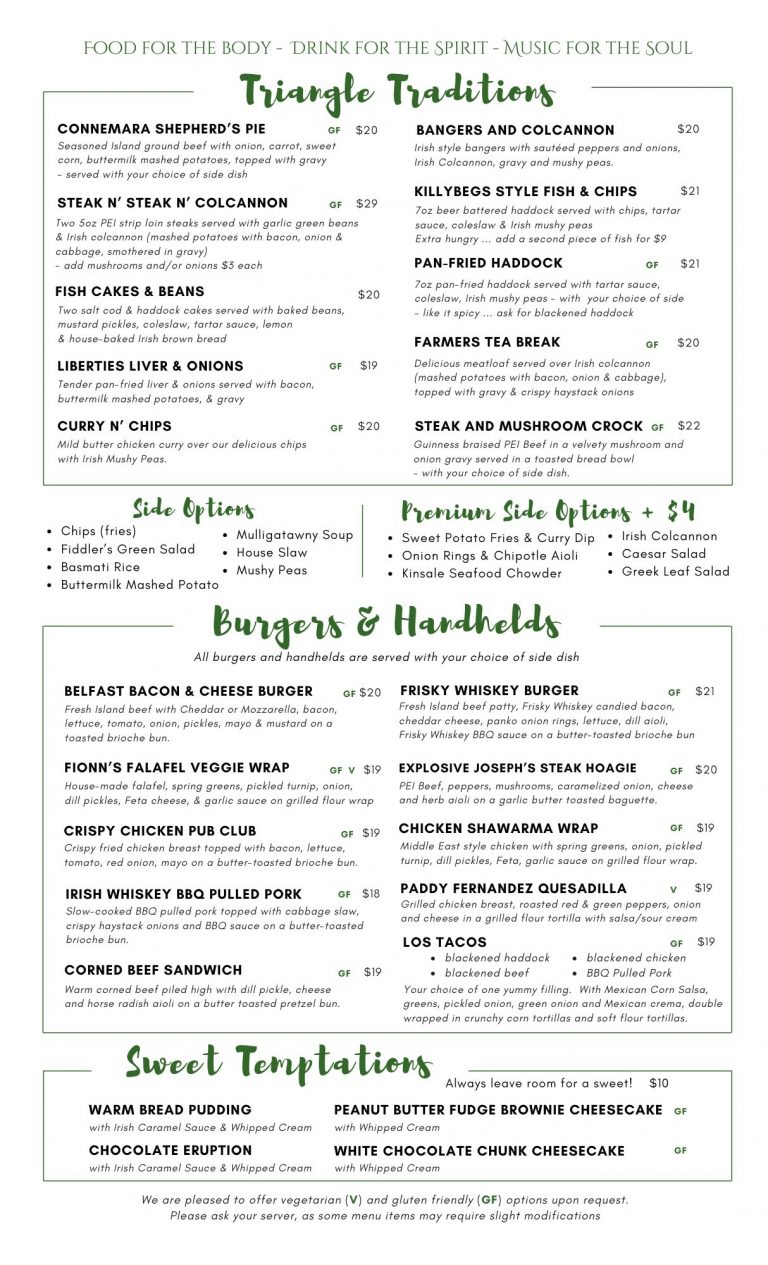 Our Menu - Old Triangle Irish Alehouse Charlottetown